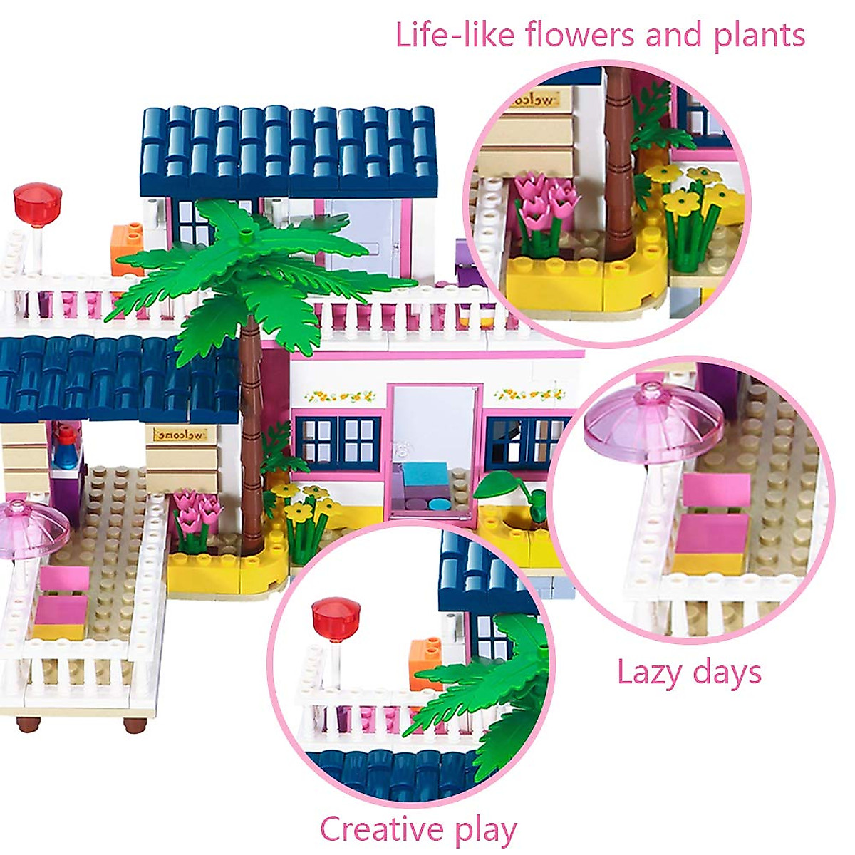 DEFICOSY Girls House Building Sets Seaside Villa Building Blocks Toys with Flowers, Trees and Plants, Friends Beach Hut Building Kit for Kids and Girls Aged 6 and up 360 Pieces