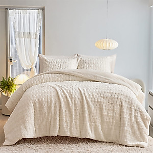 Jameswish Faux Rabbit Fur Duvet Cover Set Super Soft Furry Comforter Cover Set Luxury Cozy Cross Pattern Plush Fuzzy Fluffy 3Pcs Bedding Set(1Duvet Cover+2 Pillowcases) (Queen Size, Ivory White)