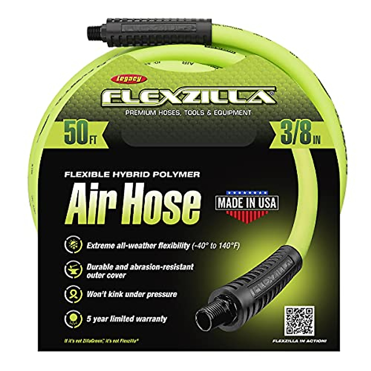 Flexzilla Air Hose, 3/8 in. x 50 ft., 1/4 in. MNPT Fittings, Heavy Duty, Lightweight, Hybrid, ZillaGreen - HFZ3850YW2