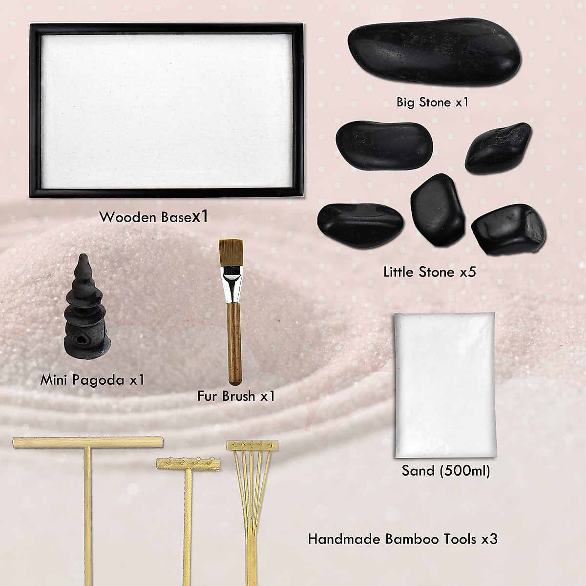 Artcome Japanese Zen Sand Garden for Desk with Rake, Stand, Rocks and Mini Furnishing Articles - Office Table Accessories, Mini Zen Sand Garden Kit - Meditation Gifts