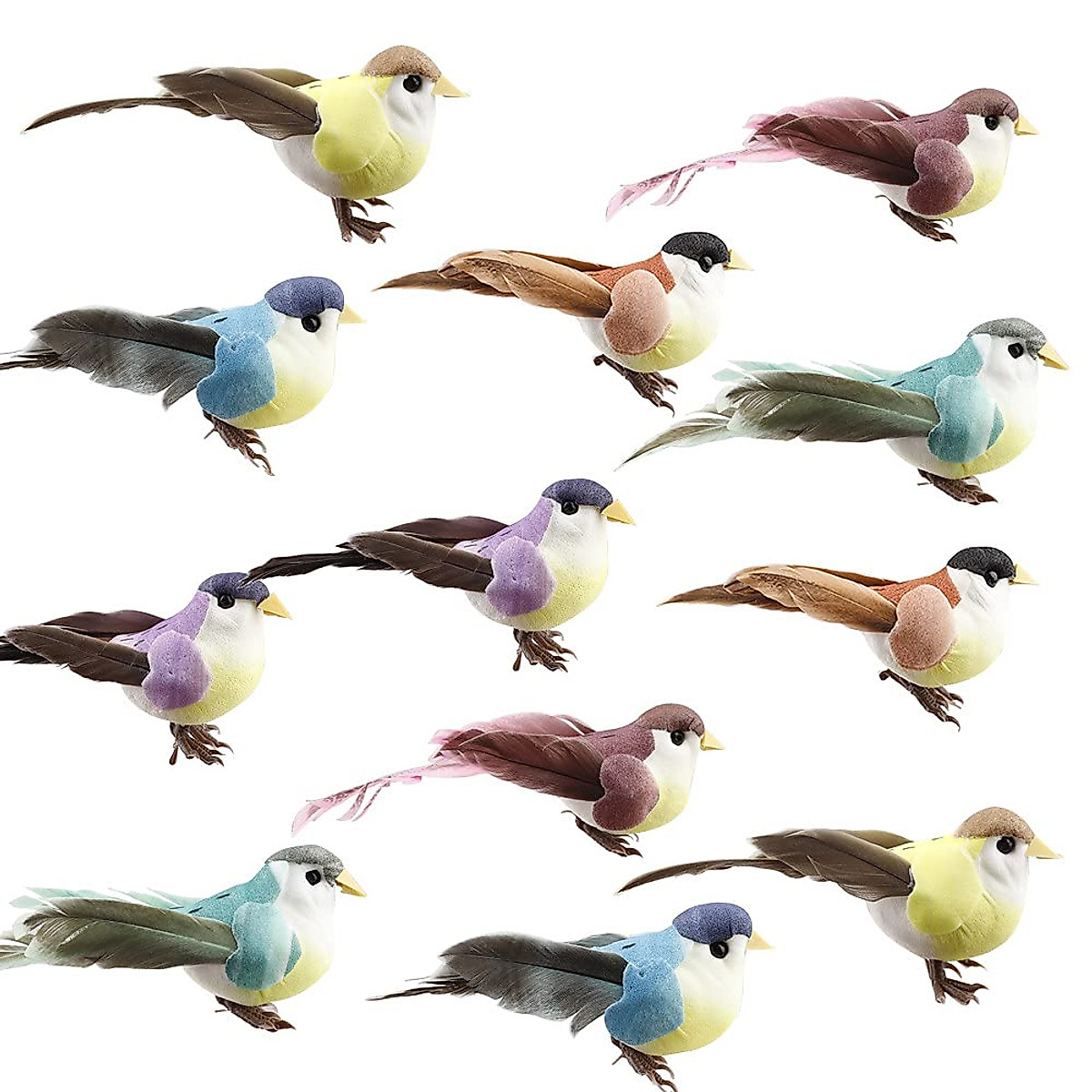 Takefuns 12 Pcs Artificial Foam Feather Bird, Mini Sparrow Birds Clip on Christmas Tree Ornaments, DIY Craft for Wedding Home Garden Party Decoration