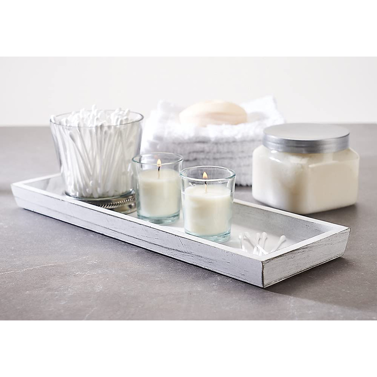 Euneek Designs Farmhouse Distressed Whitewash Wood Tray - Vanity, Bathroom, Toilet Tank, Countertop Organizer - Perfume or Jewelry Storage, Candle Votives or DIY Decor Projects and Wedding Centerpcs