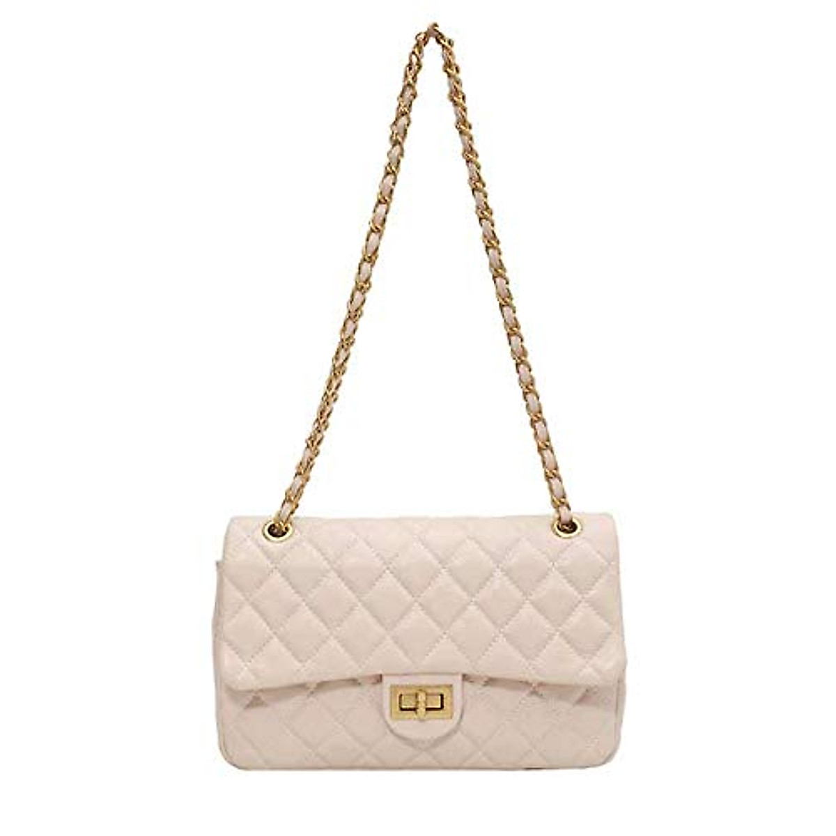 Women's Quilted Shoulder Bag | Chain Link Strap Clutch Purse | Crossbody Mini Messenger Handbag (Beige, Mini)
