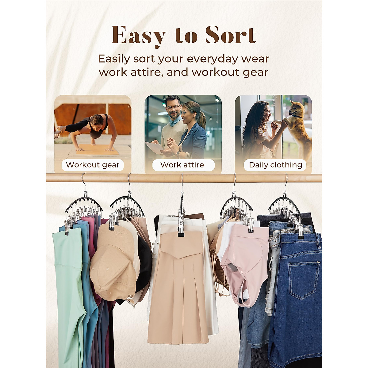 HOUSE DAY Legging Organizer for Closet, Metal Yoga Pants Hanger 2 Pack w/10 Clips Holds 20 Leggings, Space Saving Hanger Closet Organizers and Storage, Clips Hanger for Pants, Skirts, Hats, Black