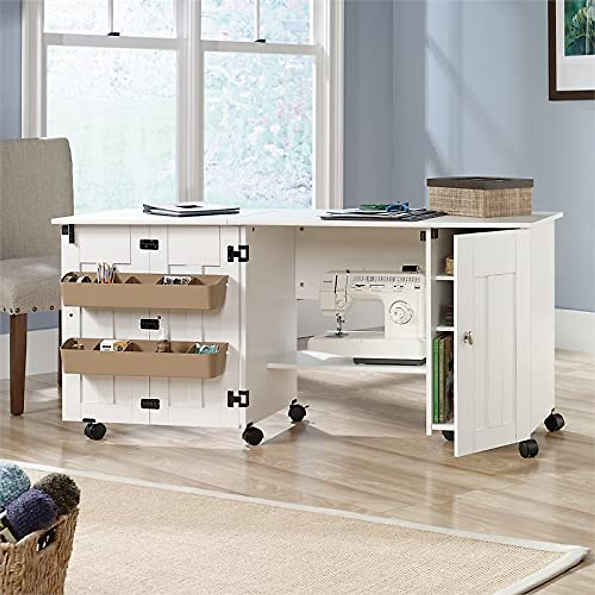 BOWERY HILL Engineered Wood Drop-Leaf Sewing or Craft Table with Melamine Top Surface, Storage Behind Roll-Open Door, Easy-roll Casters in Soft White
