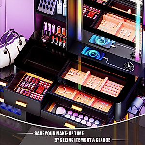 Makeup Vanity Desk with Lights: Vanity Table with Mirror - Dressing Table with Wireless Charging Station & RGB Lights Mobile Vanity with Drawer Glass-Top Design Girls Black Vanity for Bedroom