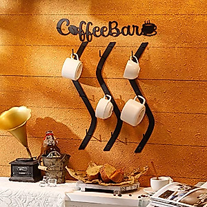 Coffee Mug Wall Rack Mounted with Coffee Bar Sign Curve Coffee Mug Holder Hanging Metal Mug Racks for Wall Black Coffee Cup Holder Coffee Cup Rack Hanger with 9 Hooks Kitchen Coffee Bar Decor