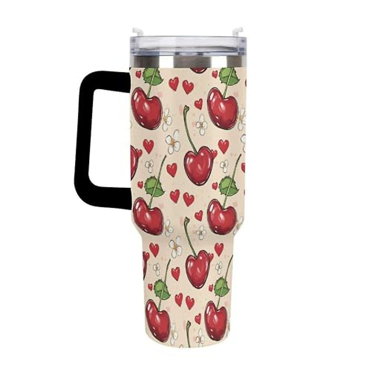 Cherry Flower Heart Tumbler with Handle Travel Mug Water Bottle Tea Coffee Cup Black-style