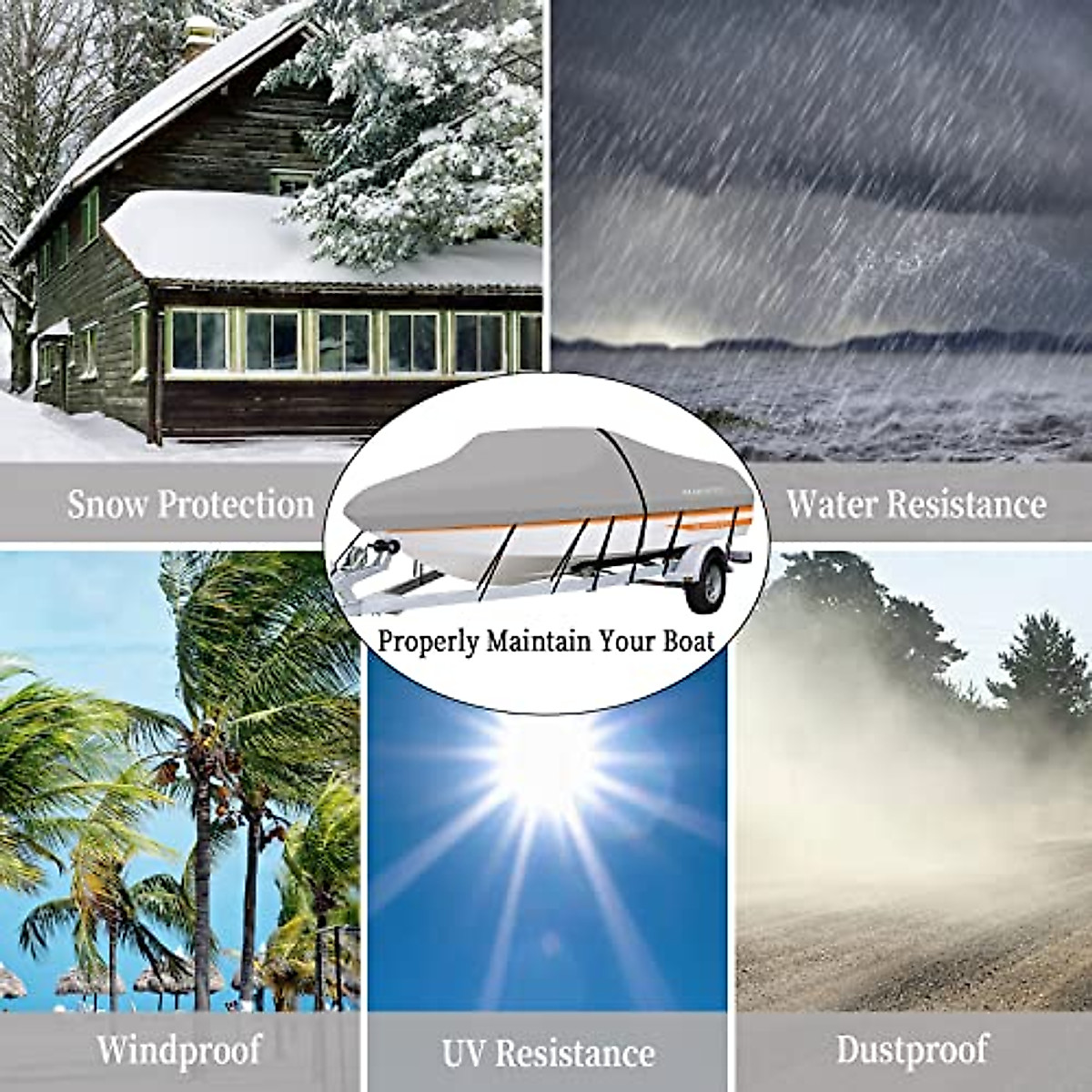 Boat Cover,GAOMON 420D Waterproof Trailerable Marine Grade Polyster Canvas Fits V-Hull, Tri-Hull Fishing Boat, Runabout, SKi Boat, Bass Boat (Gray, Length:17'-19' Beam Width: up to 96")