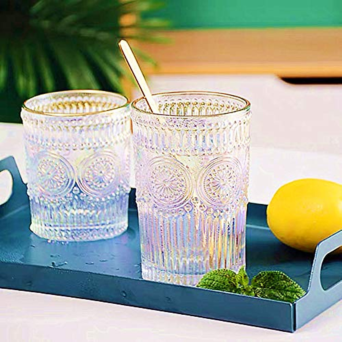 Iridescent Embossed Drinking Glass Gold Rim Water Glass Baroque Clear Crystal Unleaded Wine Milk Juice Coffee Glass,11.7oz,Makeup Brush/Pen/Pencil/Toothbrush Holder (Large)