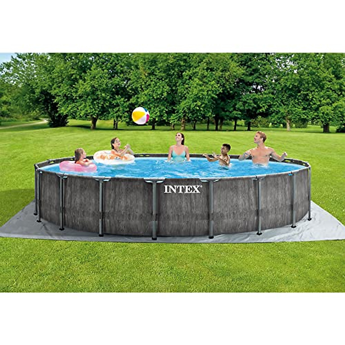 Intex Greywood Prism Frame 18' x 48" Round Above Ground Outdoor Swimming Pool Set with 1500 GPH Filter Pump, Ladder, Ground Cloth, and Pool Cover