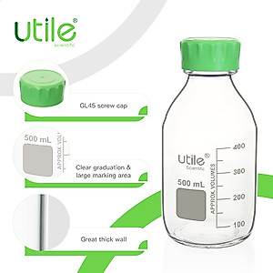 Utile Media Bottle, 3.3 Borosilicate Glass Bottles with GL45 Screw Caps, 4pcs of 500ml(16.9oz) Lab Media Bottles, PP Material Media Storage Bottle, 4038.0500.4