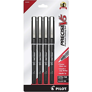 PILOT Precise V5 Stick Liquid Ink Rolling Ball Stick Pens, Extra Fine Point (0.5mm) Black Ink, 4-Pack (26002)