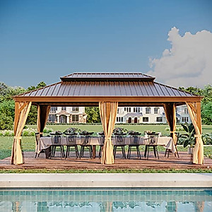 GAZEBEST 14' X 20' Hardtop Gazebo Outdoor Aluminum Patio Gazebo Double Roof Galvanized Steel Gazebo Canopy Wooden Finish Coated with Netting and Curtains,for Garden Patio,Patio Backyard,Deck and Lawns