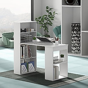 Giantex 48 Inch Computer Desk with Bookshelf, 3-in-1 Home Office Desk with 4-Tier Bookcase & CPU Stand, Space-Saving Reversible Writing Desk Work Table for Bedroom, Study Room, Office (White)