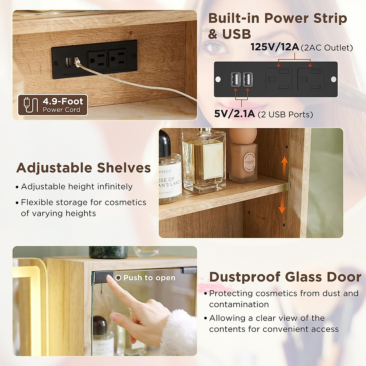 T4TREAM 48" Fluted Makeup Vanity Desk with Large 36" Mirror and Lights, Modern Glass Top Big Vanity Table with 5 Drawers & Adjustable Shelves, Dressing Table Set w/Charging Station for Bedroom, Oak