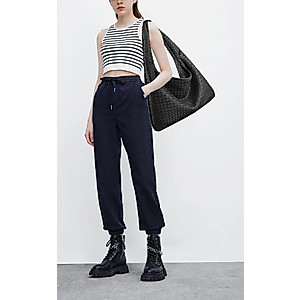 LMKIDS Women's Leather Woven Tote Handbag,Handmade Large Capacity Shoulder Bags Travel Bag Shopper Bag Hobo Bag (Black)