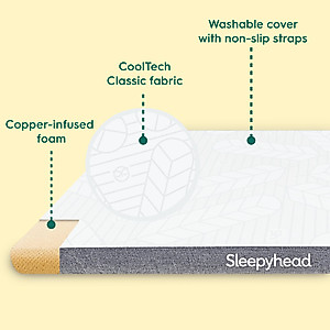Sleepyhead College Dorm Room Essential Cooling Copper Infused Mattress Topper Twin XL, Thick, Memory Foam Mattress Topper, Washable Cover, 3'' Copper Mattress Pad, 38x80 inches