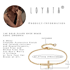LOYATA Sideway Cross Bracelet Gold Diamond Cubic Zirconia 14K Gold Plated Dainty Chain Simple Jewelry Gift for Women