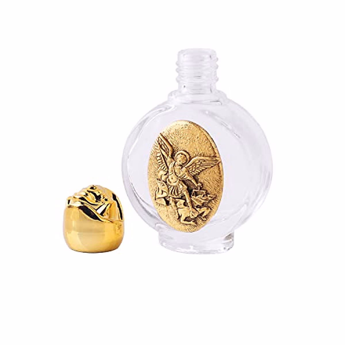 Luomu Glass Holy Water Bottle 0.5 floz with Gold-Toned Cap and Gold-Toned Depiction of The Holy Family (Saint Michael the Archangel-Gold)
