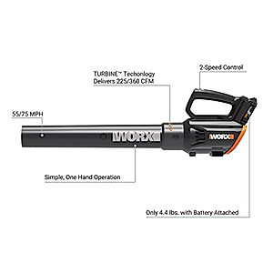 WORX Cordless Leaf Blower 20V WORXAIR Turbine Blower WG547.2 for Lawn Care Yard Work, 2 Variable Speed Control, 1 * 4.0 Ah Battery & Charger Included