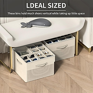 Aokeyee Shoe Organizer for Closet,2 Pack Foldable Shoe Storage Organizer Box Bin w/Adjustable Dividers and Clear Cover, Fits up to 16-32 Pairs, (Beige)