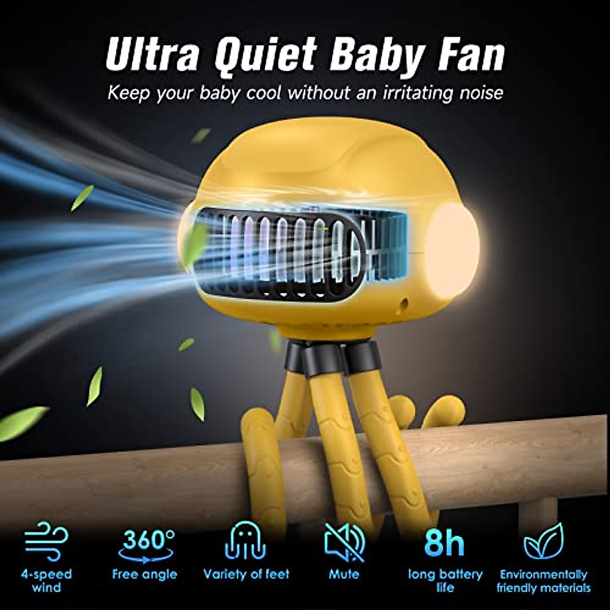 kudosay Mini Handheld Stroller Fan, 4000mAh Personal Portable Fan with Flexible Tripod and Adjustable 4 Speeds,LED Light, Battery Operated USB Fan for Stroller Office Bedroom, Outdoor (Yellow)
