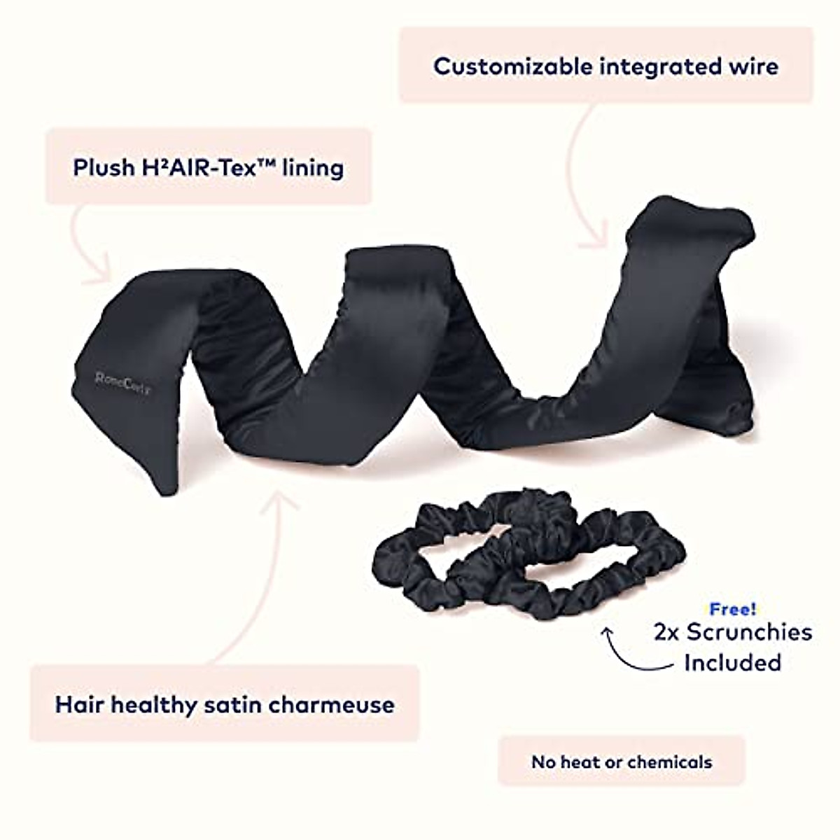 RobeCurls Heatless Hair Curler Set - Satin Curling Headband for Natural, No-Heat Curls - Sleep in Overnight Styling Tool with 2 Scrunchies for Women - Easy and Gentle on Hair (Black)