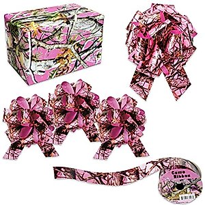 Havercamp Pink Camo Gift Wrapping Kit! This Deluxe set includes: 1 Lg. Pack of Wrapping Paper (20 sq. feet), 3 (5”) Gift Bows, 1 (8”) Gift Bow, and 20 Yards of Ribbon.