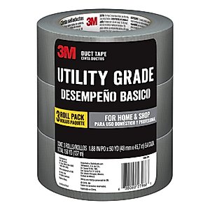 3M Utility Duct Tape, 3 Rolls, 1.88" in x 50 yd, Strong Adhesive, Adheres to Multiple Surfaces, Hand-Tearable, Silver Color Tape, Sticks Instantly, Perfect for Home & Shop Use (1950-3PK)