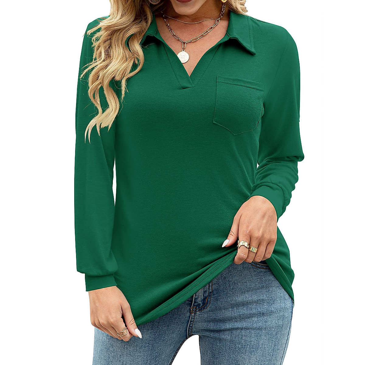 Women's Long Sleeve Polo Shirts V Neck Collared Work Tops Business Casual Tunic Blouse Pocket Green M