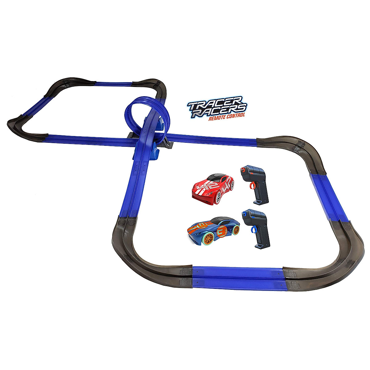 Tracer Racers Remote Control Cordless Glow in The Dark High-Speed Super 8 Speedway Track Set with Two Cars for Dual Racing, Glow Blue
