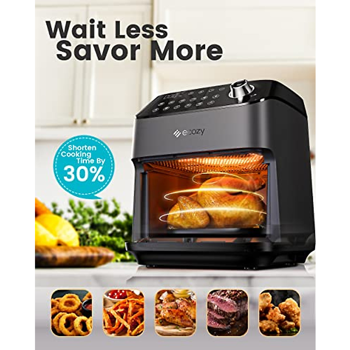 ecozy Air Fryer 6 Quart with See-Through Window Smart WiFi (100 Recipes), 11 Presets+ One-Touch Recipe Function, Dishwasher Safe, Black