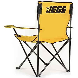 JEGS Folding Chair | Yellow Canvas with Black Logo | Black Powder Coated Frame | Capacity 250 LBS | Total Height 36” | Includes Mesh Cup Holder and Storage Bag with Strap