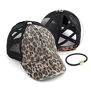 C.C Exclusives Washed Distressed Cotton Denim Criss-Cross Ponytail Hat Baseball Cap Bundle Hair Tie (BT-780)(BT-791) (A Elastic Band-Baby Leopard)