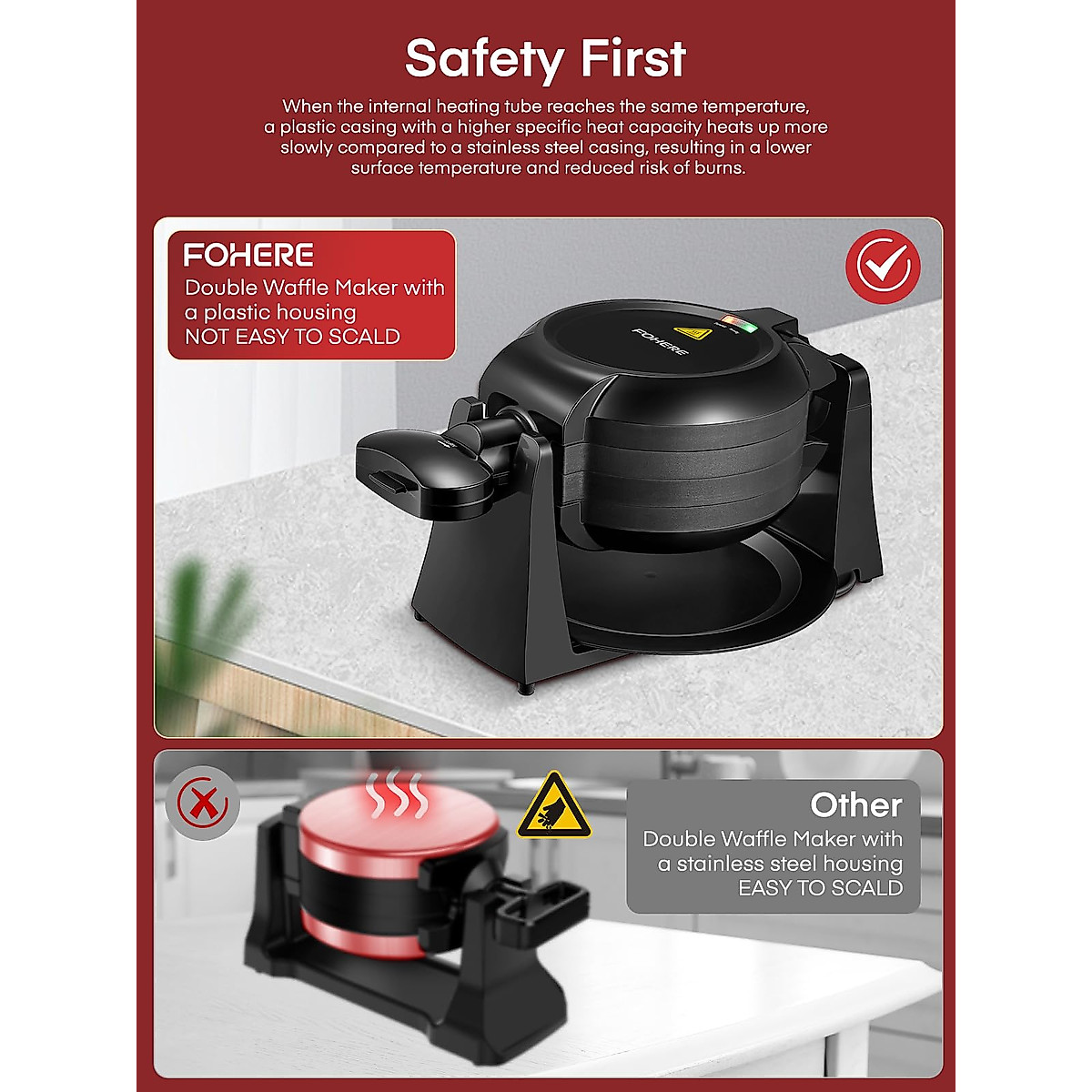 Waffle Maker, Belgian Waffle Maker Iron 180° Flip Double Waffle, 8 Slices, Rotating & Nonstick Plates, Removable Drip Tray Easy to Clean, Cool Touch Handle, Handle Lock for Easy Storage, 1400W (Red)