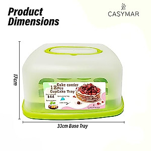 CASYMAR Portable Cake Carrier with 12 Cupcake Holder with Lid- Plastic Cake Containers with Lids Includes Knife & Accessories-Two Sided Base for Snacks Cookies Nuts Fruit etc-Suitable for 12-inch Cake