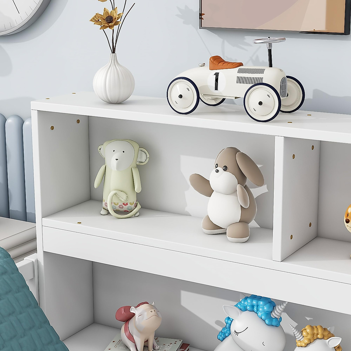 SOFTSEA Full Size Floor Bed with Bedside Bookcase and Storage Shelves, Solid Wood Floor Bed Frame with Guardrails for Boys and Girls Bedroom, Easy Assembly, White