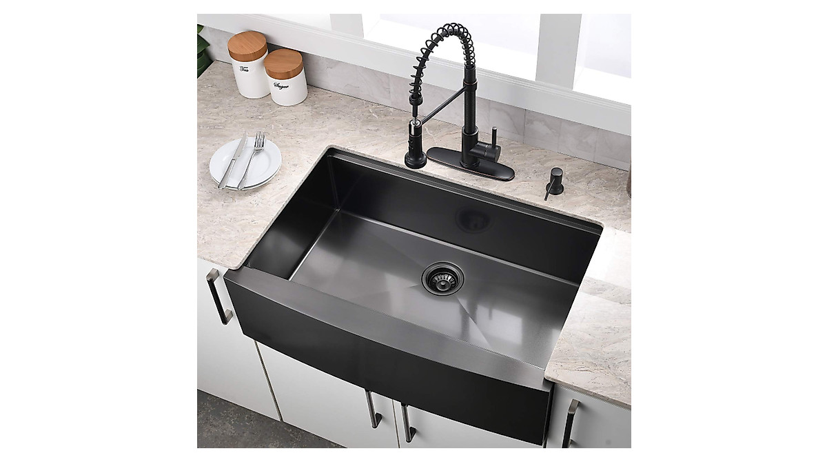 VOKIM 33-Inch Farmhouse Sink with Workstation in Matte Black