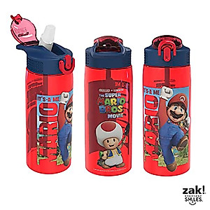 Zak Designs The Super Mario Bros. Movie Water Bottle For School or Travel, 25 oz Durable Plastic Water Bottle With Straw, Handle, and Leak-Proof, Pop-Up Spout Cover (Mario, Toad)