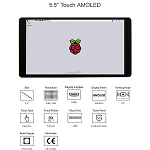 5.5 inch HDMI AMOLED Display with Toughened Glass Cover 1920x1080 Capacitive Touch HDMI Interface Supports Mini PC Raspberry Pi 4 3 2 1 Model B B+ A+ Computer Monitor @XYGStudy