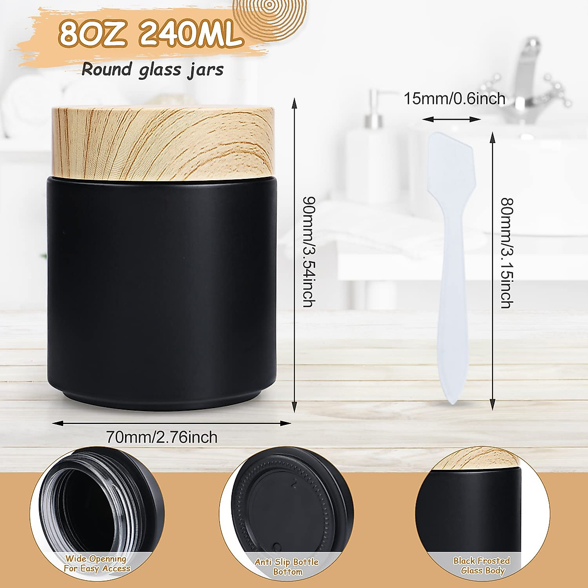 Furnido 6 Pack 8 oz Black Round Glass Jars,Empty Glass Cosmetic Containers with Plastic Wood Grain Lid,Inner Liners for Lotion,Powders,Ointments,Storage Creams,Candle Making