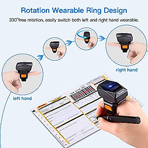 Eyoyo 1D Bluetooth Wearable Ring Barcode Scanner, Portable Mini Finger Bar Code Reader with 2.4GHz Wireless & USB Wired Connection for iPhone iPad Android iOS, for Book, Warehouse Inventory, Express