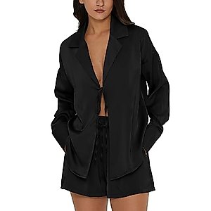 DEEP SELF Women's Silk Pajama Sets Tie Front Long Sleeve Shirts and Shorts Satin Pj Set Soft Two Piece Sleepwear with Pockets (Black, Medium)