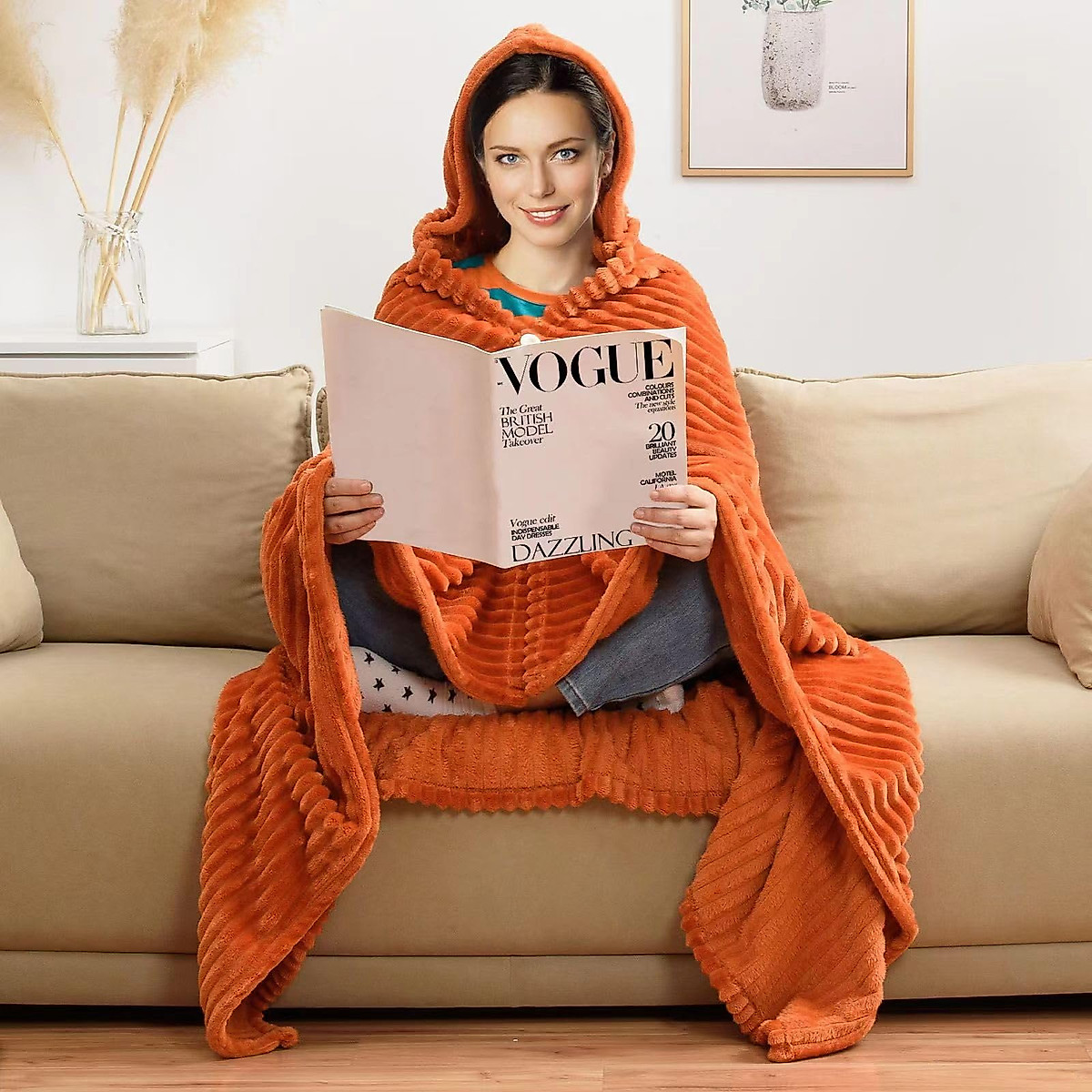 Vessia Flannel Fleece Striped Throw Blanket (50x70inch), 300GSM Microfiber Orange 2 in 1 Hooded Blanket for Adults Teenager, Soft Warm Cozy Lightweight Ribbed Wearable Throw for All-Season