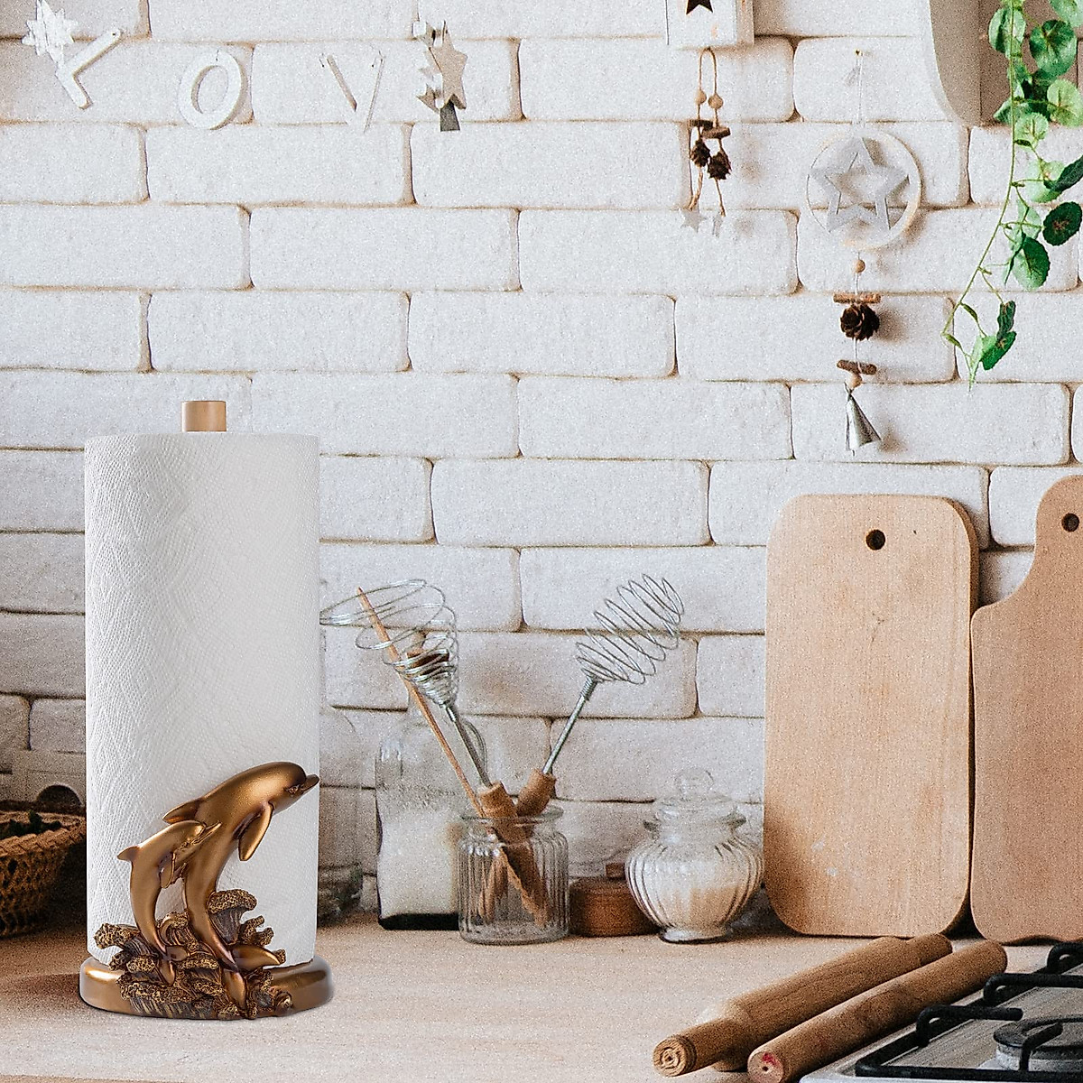 Dolphins Paper Towel Holder Countertop, Standing Paper Towel Holder for Kitchen Farmhouse Decor, with Weighted Resin Base Sturdy (Bronze)