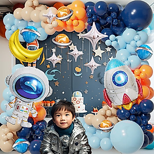 125Pcs Space Themed Balloon Arch Kit Navy Blue Orange Balloon Garland With Silver Tassels Galaxy, Astronaut & Rocket Decorations For Outer Space Parties, Boy Kid Birthday decoration