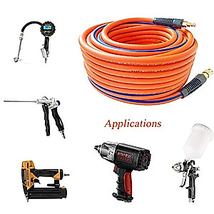 SANFU Hybrid PVC/Rubber 3/8”ID x 100ft, 300PSI Durable, Lightweight, Air Compressor Hose with 1/4” Industrial Brass Coupler and Plug, Bend Restrictors, Orange(100’)