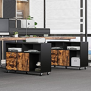 YITAHOME Wood File Cabinet, Mobile Filing Cabinet 2-Drawer Lateral File Cabinet for Letter, Legal, A4 Size, Printer Stand with Open Storage Shelves for Home Office,Black and Rustic Brown