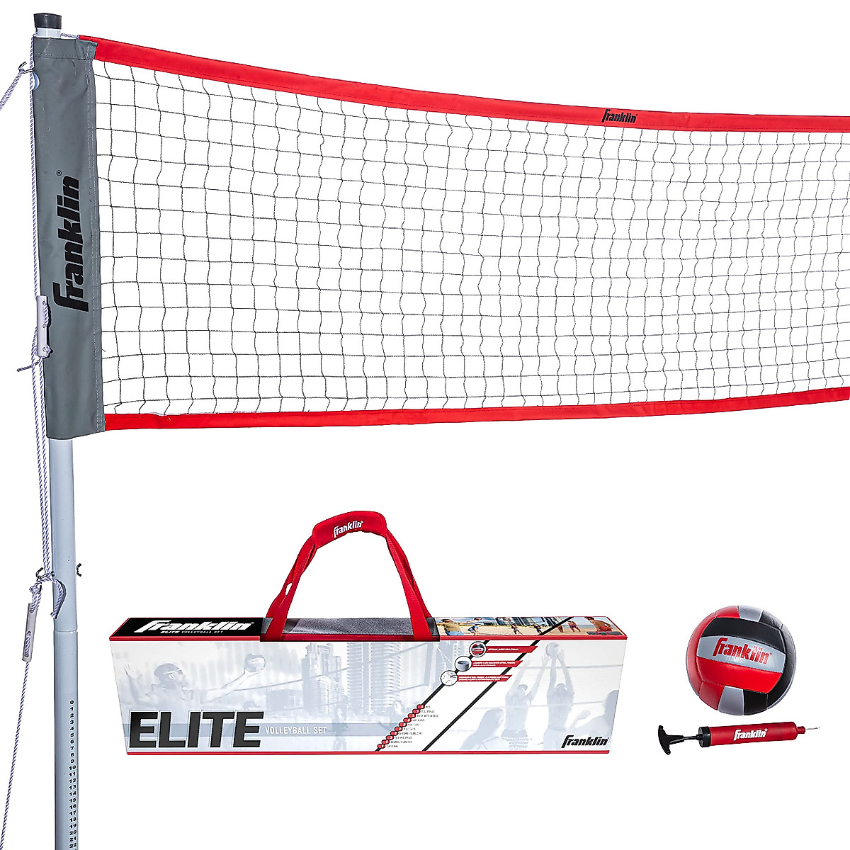 Franklin Sports Elite Volleyball Net Set - Includes Pro Style Volleyball with Pump, Poles/Net, Stakes, Ropes, Boundary Kit- Beach or Backyard Volleyball - Easy Setup